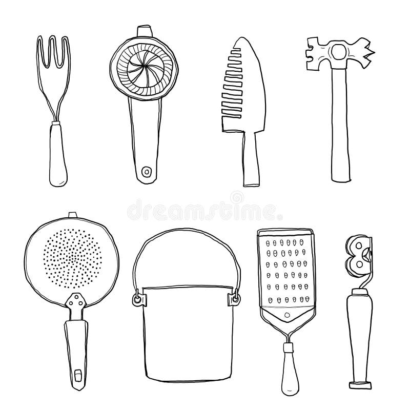Vintage Kitchen Tools Hand Drawn Line Art Cute Illustration Stock ...