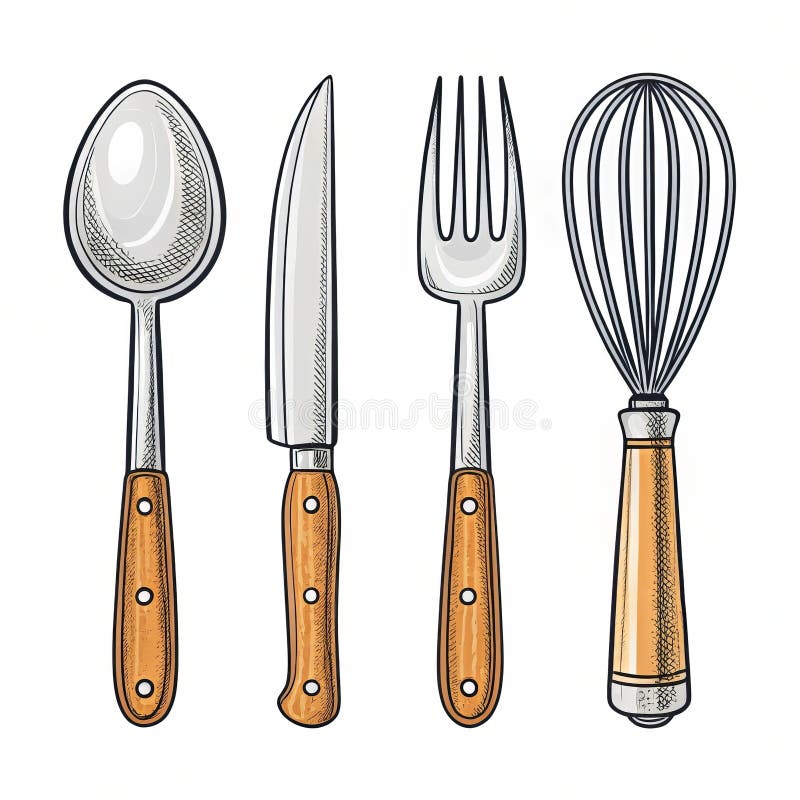 Vintage Kitchen Utensils Spoon, Fork, Knife, Whisk Illustration ...