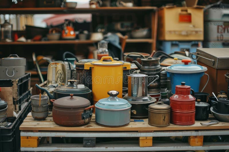 Vintage Kitchenware Collection at Flea Market Stock Image - Image of ...
