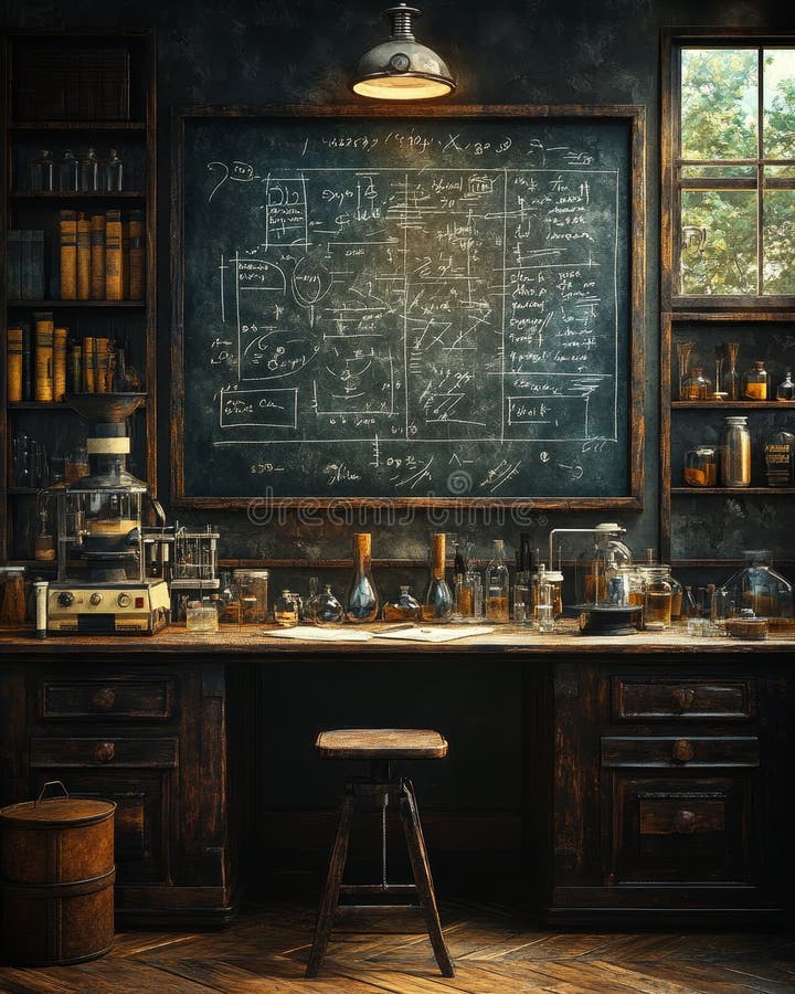 Vintage Laboratory with Chemical Formulas and Equations on Chalkboard ...