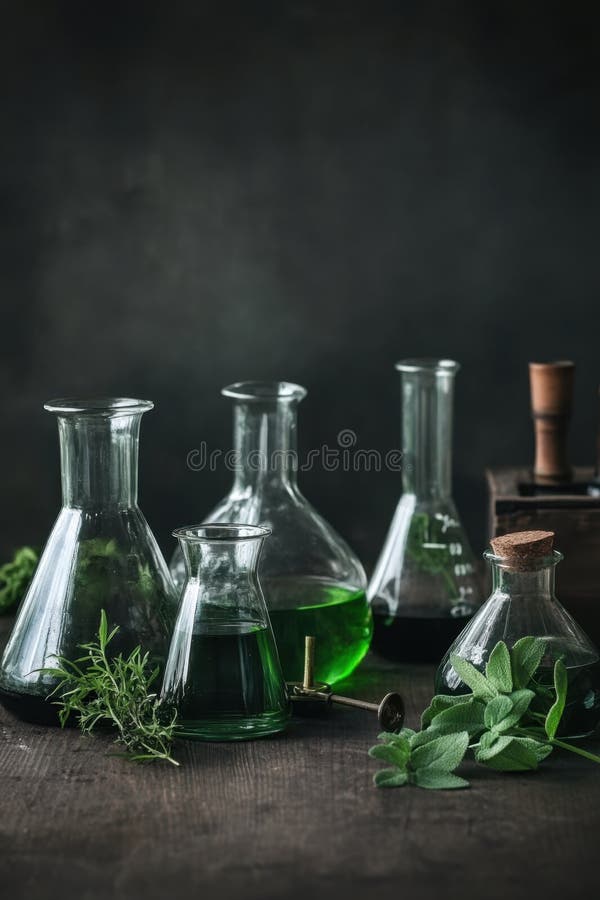 Vintage Laboratory with Herbal Green Liquids in Glass Flasks. Stock ...