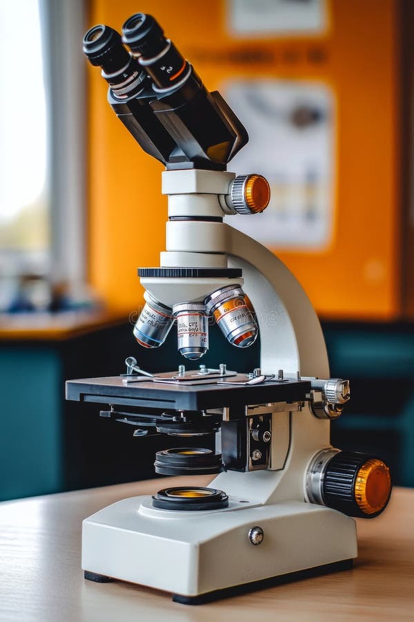 Vintage Laboratory Microscope on Table Concept for Scientific ...