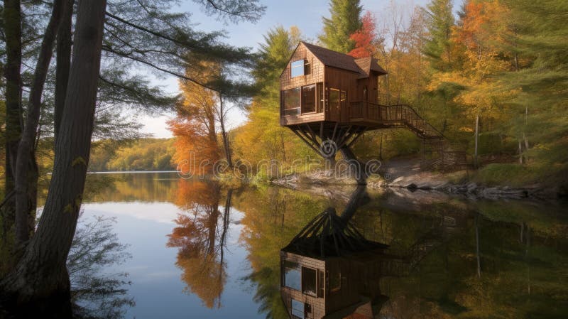 The Vintage Lakeside Treehouse Exterior in Canada. Generative AI AIG30 ...