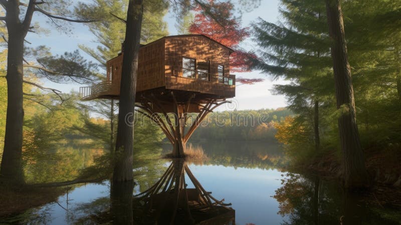 The Vintage Lakeside Treehouse Exterior in Canada. Generative AI AIG30 ...