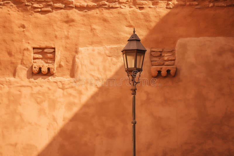 Vintage Lamp Post and Rustic Adobe Wall in Sunlight Stock Illustration ...