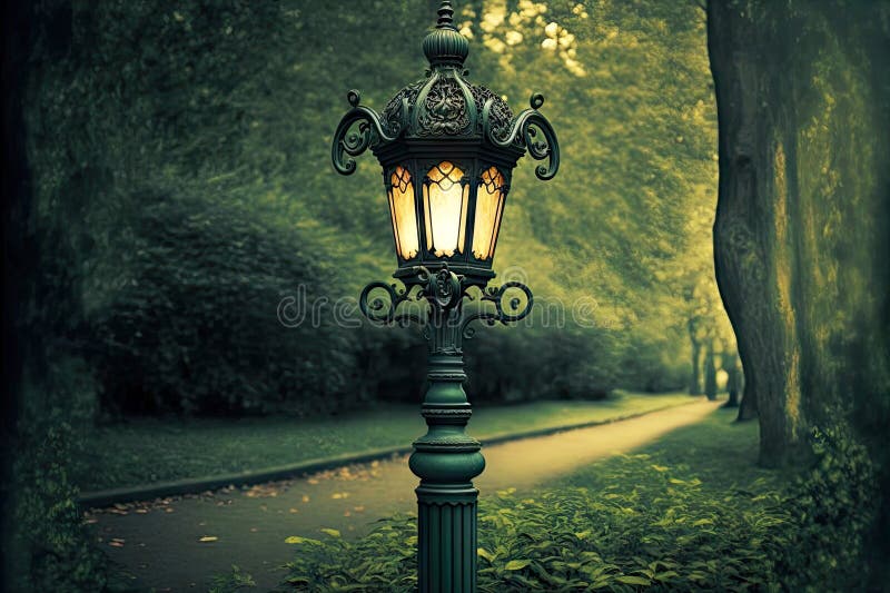 Vintage Lamp Post Standing on Path in Park in Evening Stock ...