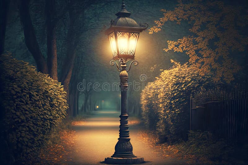 Vintage Lamp Post Standing on Path in Park in Evening Stock ...