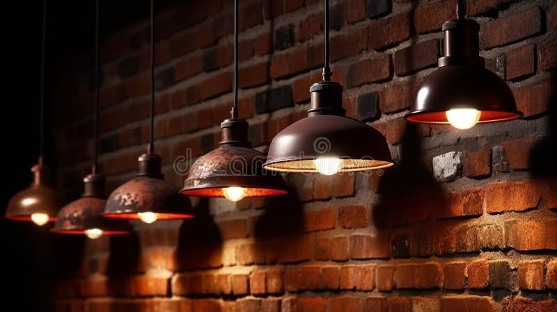 Vintage Lamps Hanging on Brick Wall, Closeup. Interior Design Generative Ai Stock Illustration ...