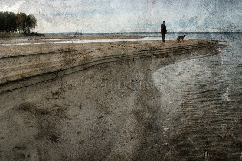 Vintage Landscape with the Man and a Dog Stock Image - Image of cloud ...