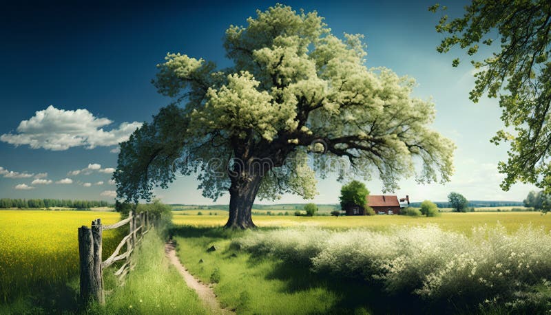 Vintage Landscape with Old Oak Tree on a Meadow in Spring Stock ...