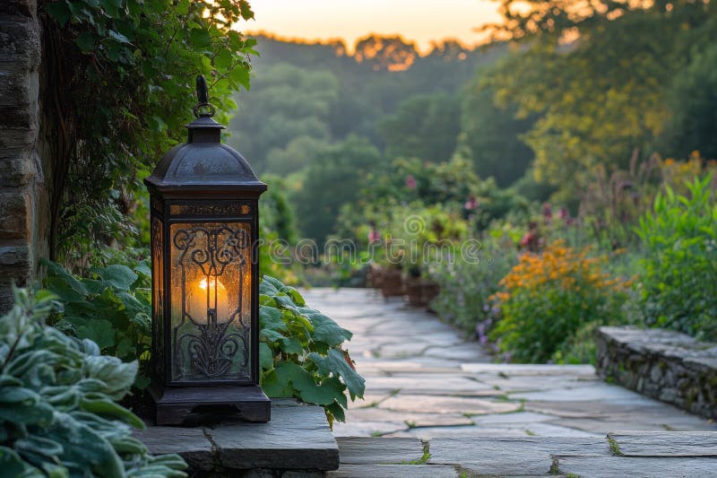 Vintage Lantern Casts a Warm Glow on a Garden Path at Sunset, Creating ...