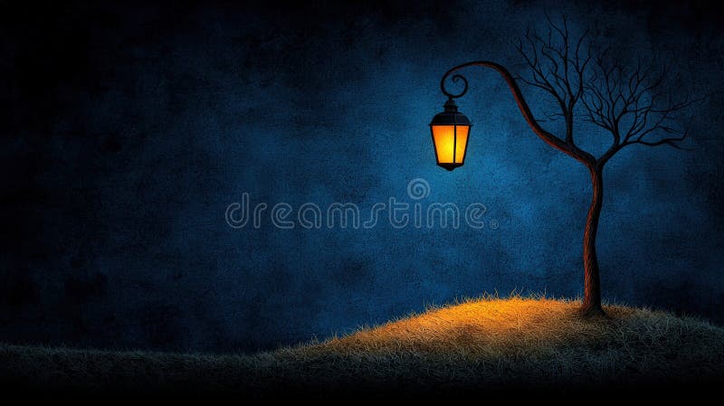 A Vintage Lantern Glowing Under a Dark Blue Sky and a Barren Tree on a ...