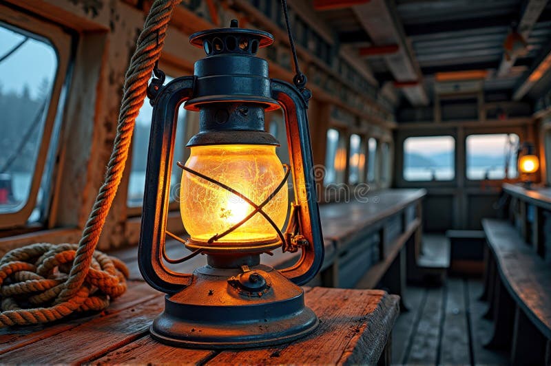 Vintage Lantern Glows on Rustic Boat Interior during Twilight Stock ...
