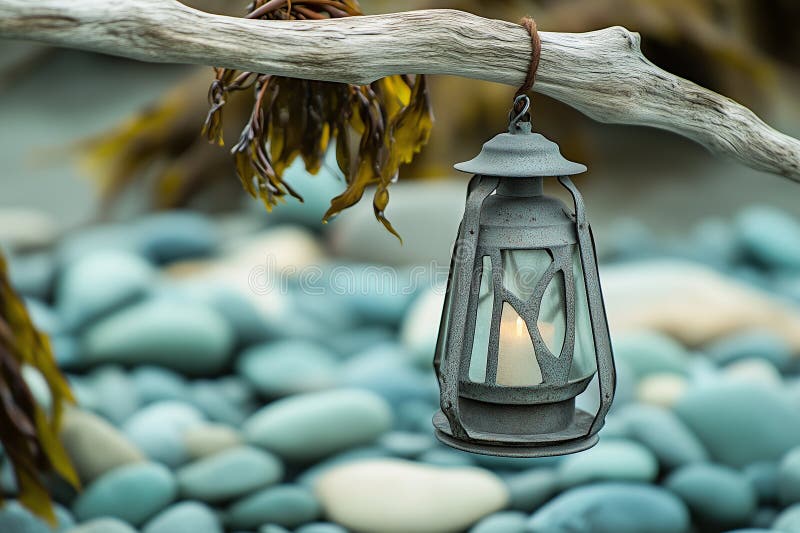 A Vintage Lantern Hangs on Driftwood, Surrounded by Pebbles. Generative ...