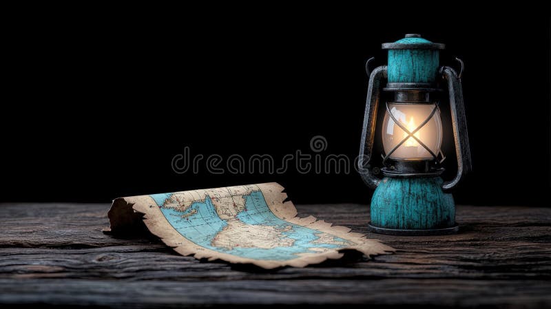 Vintage Lantern and Old Map on a Rustic Wooden Table Illuminated Softly ...