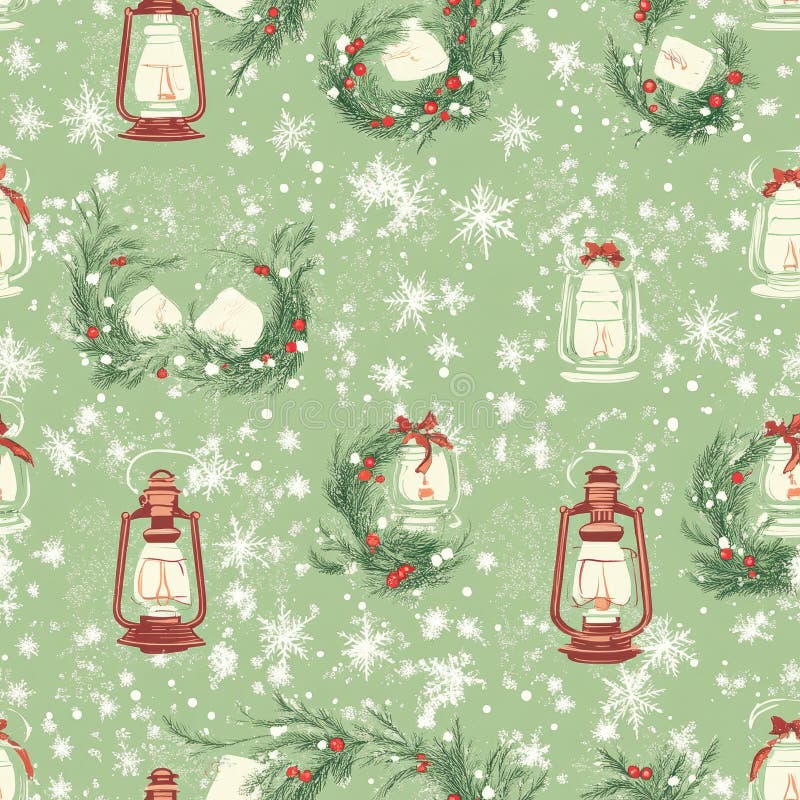 Vintage Lantern Pattern in Festive Green Colors Stock Illustration ...
