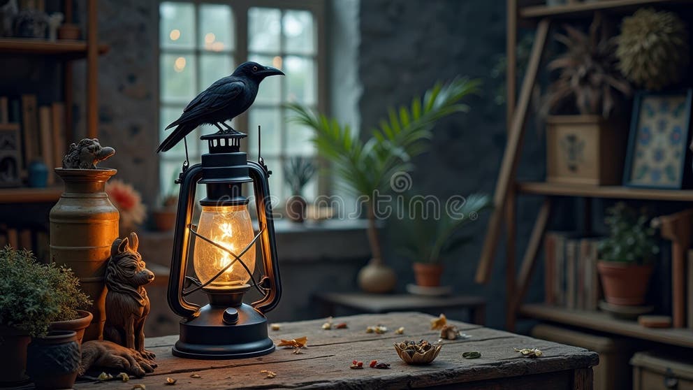 Vintage Lantern with Raven in Cozy Rustic Interior Setting Stock Photo ...