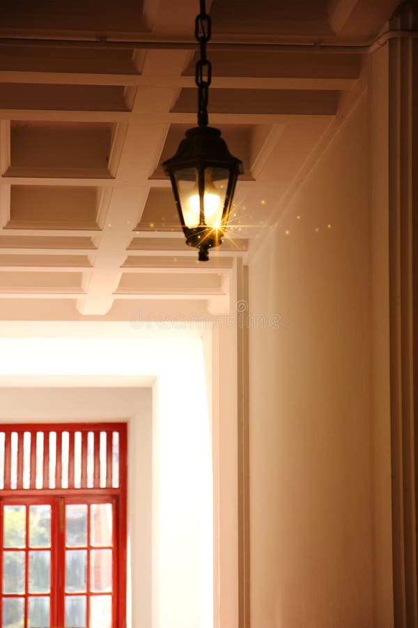 Vintage Lantern Shining Brightly Install on Retro Ceiling Square Design ...
