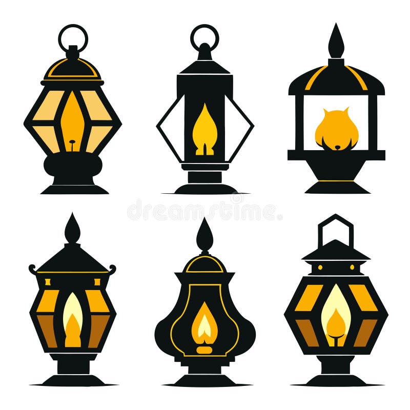 Vintage Lantern Vector Icon Set with Unique Shapes and Visible Flame ...