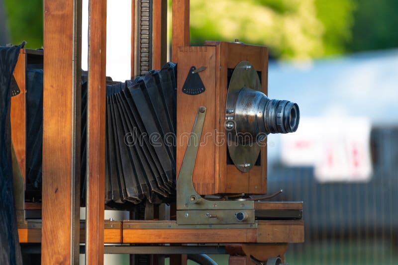 Vintage Large Format Camera with Wooden Bellows in Outdoor Setting ...