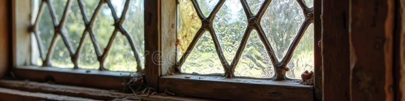 Vintage Leaded Glass Windows with Rustic Wooden Frame and Natural View ...