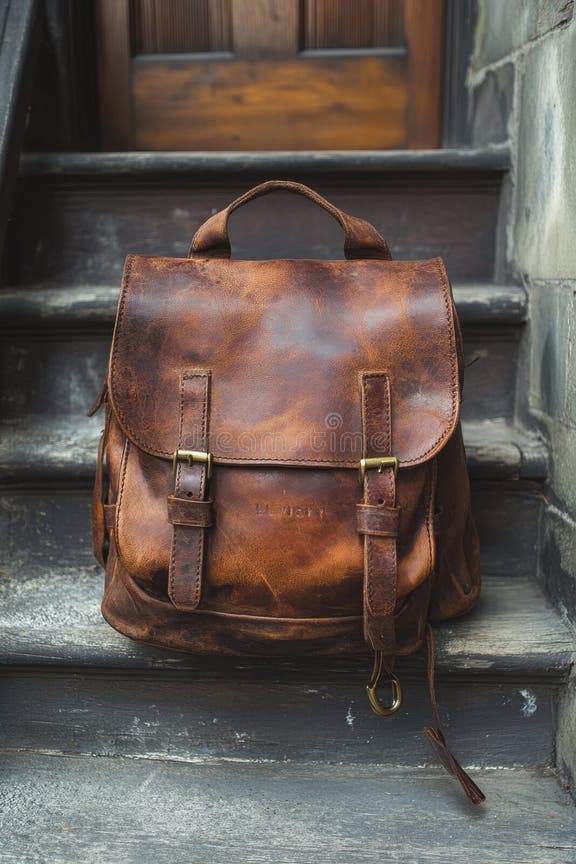 Vintage Leather Backpack Resting on Stone Steps in a Rustic Setting ...