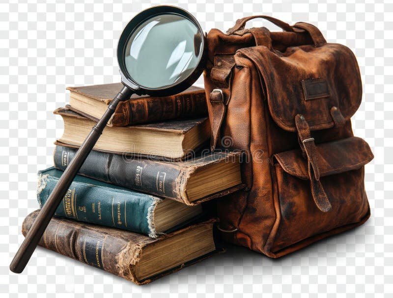 Vintage Leather Backpack and Stack of Old Books with Magnifying Glass ...