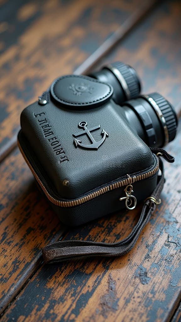 Vintage Leather Binocular Case with Anchor Emblem on Rustic Wooden ...