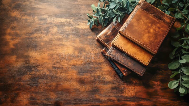 Vintage Leather Books on Rustic Wooden Table with Greenery Stock Image ...