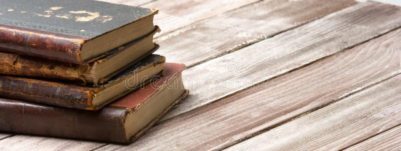 Vintage Leather Books Stack on Old Rustic Wooden Surface Stock Image ...