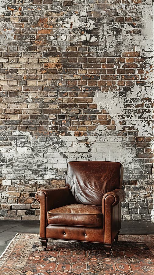 Vintage Leather Chair Against Distressed Brick Wall Stock Photo - Image ...