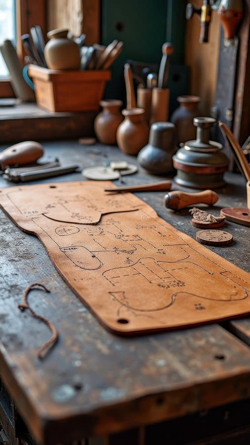 Vintage Leather Crafting Workshop with Tools and Patterns on Wooden ...