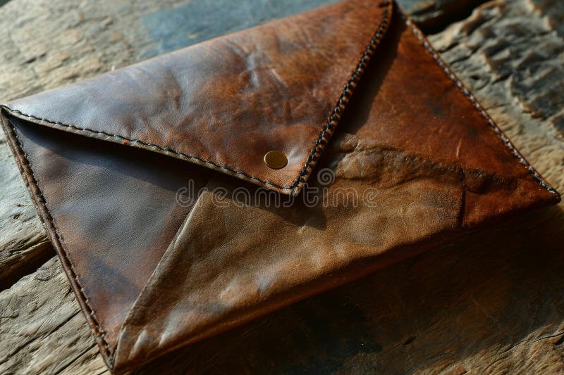 Vintage Leather Envelope on a Rustic Wooden Table Stock Illustration ...
