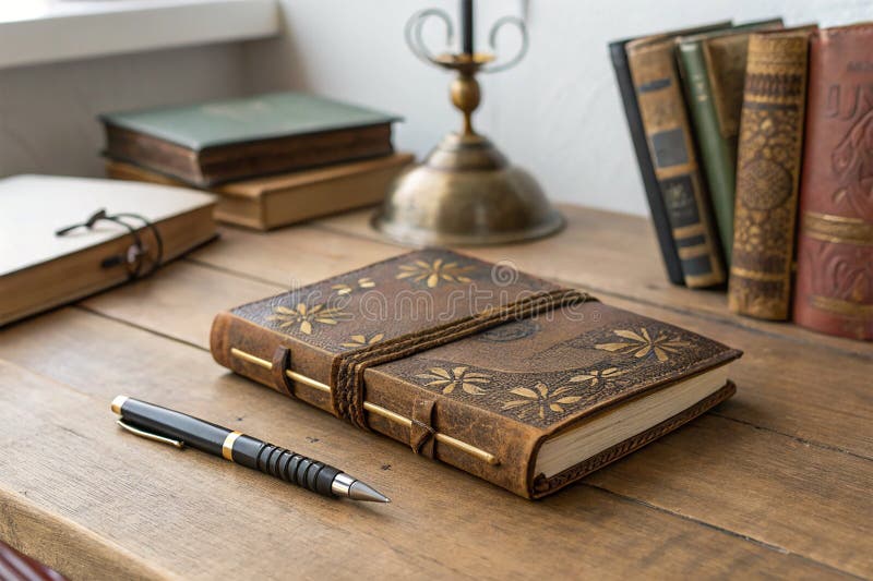 Vintage Leather Journal and Pen on a Desk Stock Illustration ...