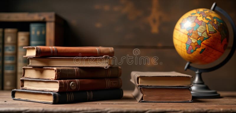 Vintage Leather Journal Sits on Wooden Desk beside Globe, Stack Books ...