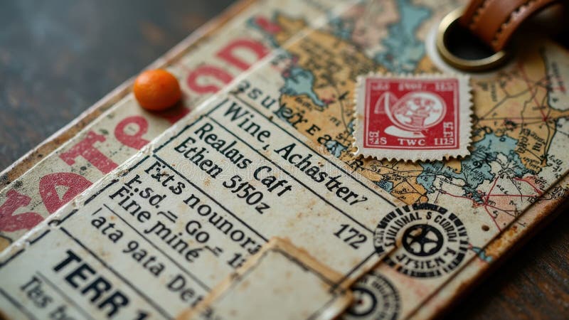 Vintage Leather Luggage Tag with World Map and Stamp Design Stock Image ...