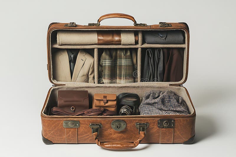 A Vintage Leather Suitcase with the Top Open, Displaying Neatly ...