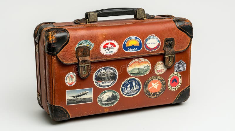 Vintage Leather Suitcase with Travel Stickers and Worn Appearance Stock ...