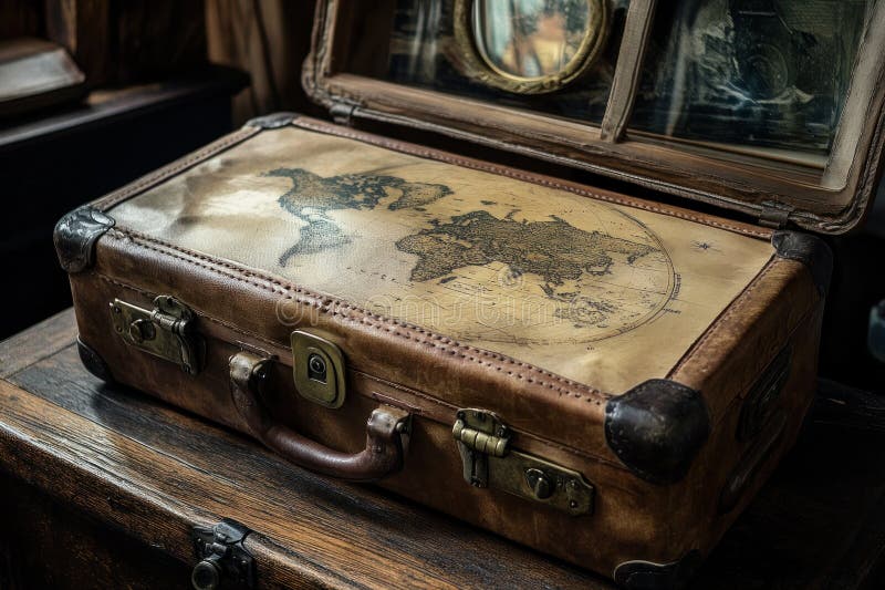 Vintage Leather Suitcase with World Map Design Stock Illustration ...