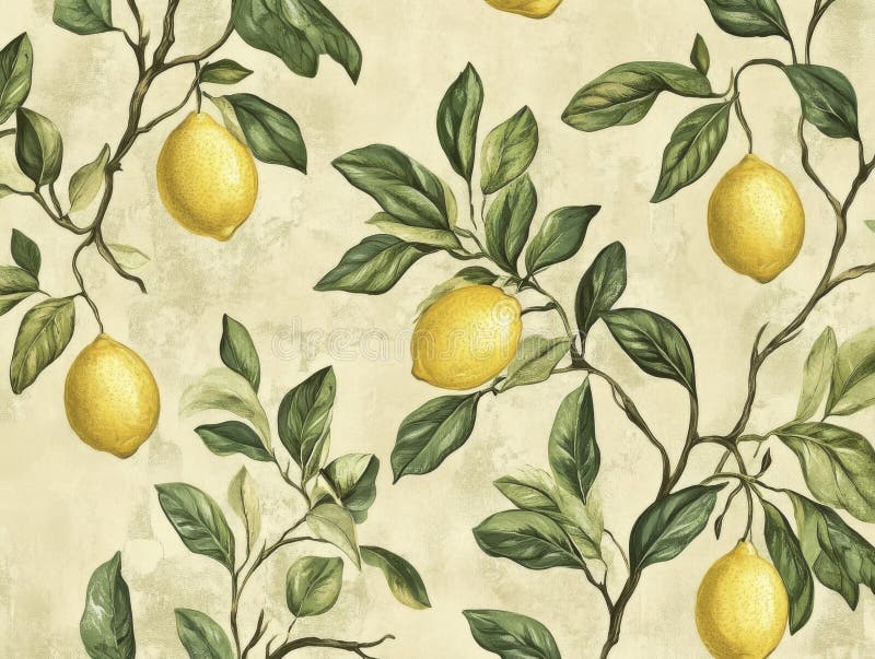 Vintage Lemon and Leaf Pattern on Beige Background Stock Illustration ...