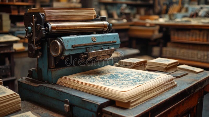Vintage Letterpress Printing Machine with Paper Sheets on the Table ...