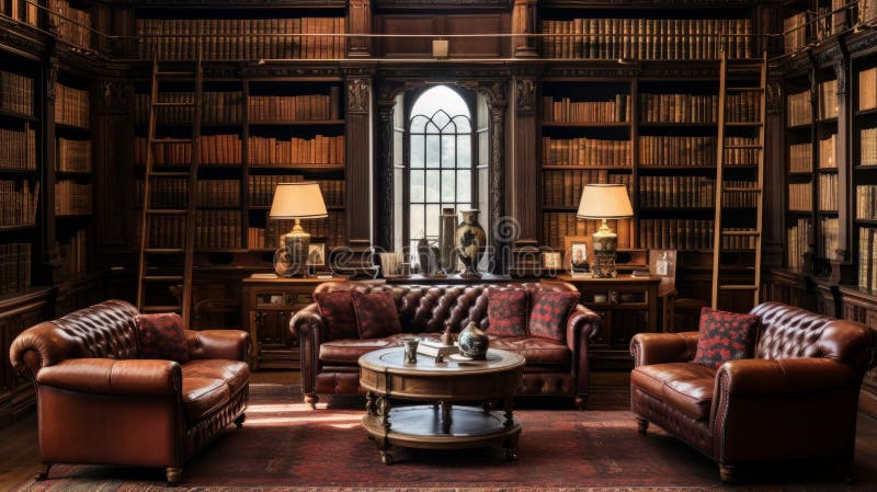 A Vintage Library with Antique Leatherbound Books Stock Illustration ...