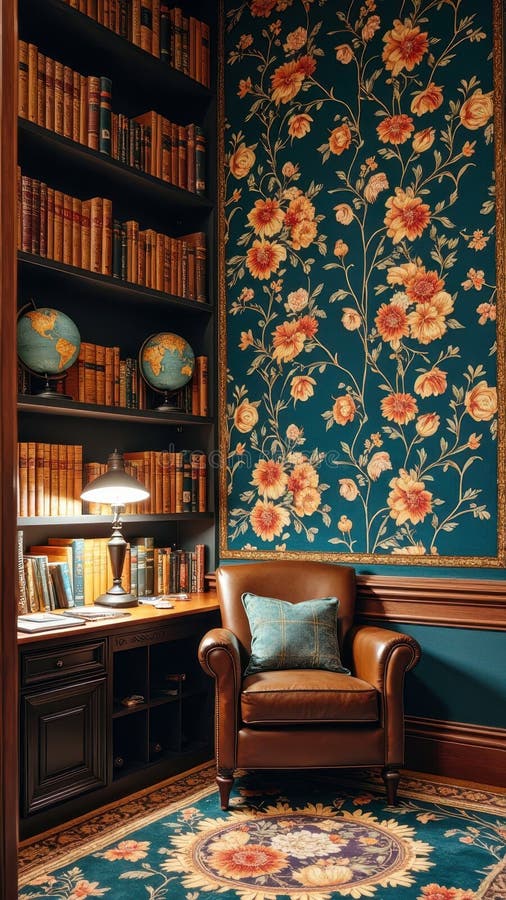 Vintage Library Corner with Floral Wallpaper and Leather Chair Stock ...
