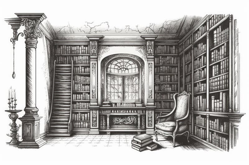 Vintage Library Interior Drawn To Scale Stock Illustration ...