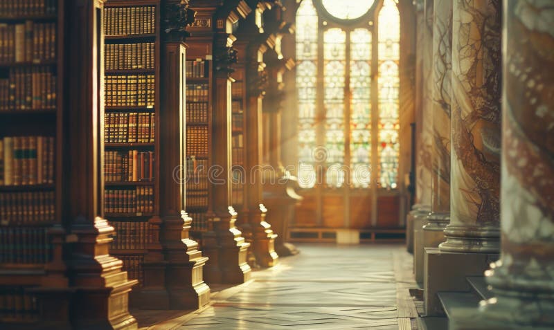 Vintage Library Setting with Ornate Columns, Stained Glass Window Stock ...