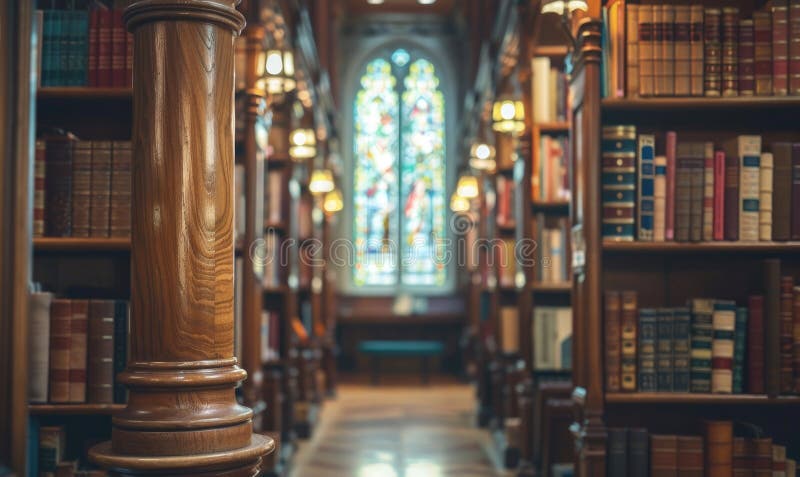 Vintage Library Setting with Ornate Columns, Stained Glass Window Stock ...