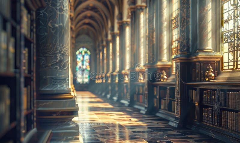 Vintage Library Setting with Ornate Columns, Stained Glass Window Stock ...
