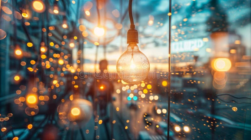 Vintage Light Bulb on the Background of the Night City Lights Stock ...