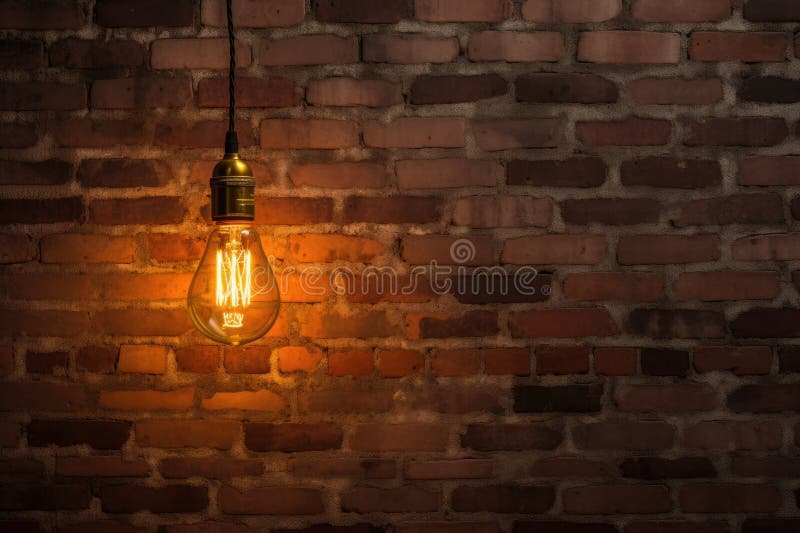 Vintage Light Bulb Hanging from a Wire Against a Brick Wall Stock ...