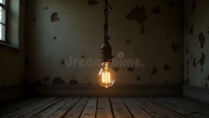 A Vintage Light Bulb Hanging from a Wire, Softly Glowing in a Dimly Lit ...